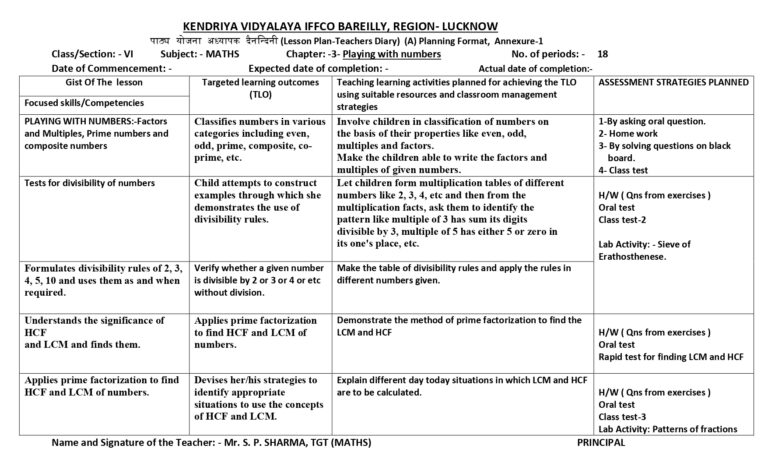 Mathematics Lesson Plan for Class 6 Chapter Wise - CBSE CONTENT