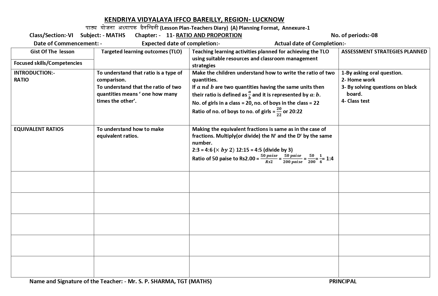 Mathematics Lesson Plan For Class 6 Chapter Wise CBSE CONTENT
