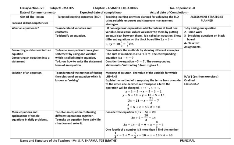 Mathematics Lesson Plan for Class 7 Chapter Wise - CBSE CONTENT