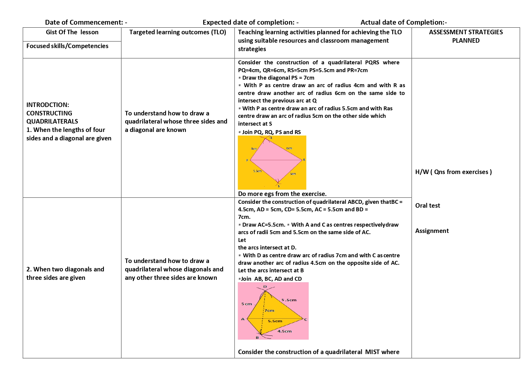 Mathematics Lesson Plan for Class 8 Chapter Wise - CBSE CONTENT
